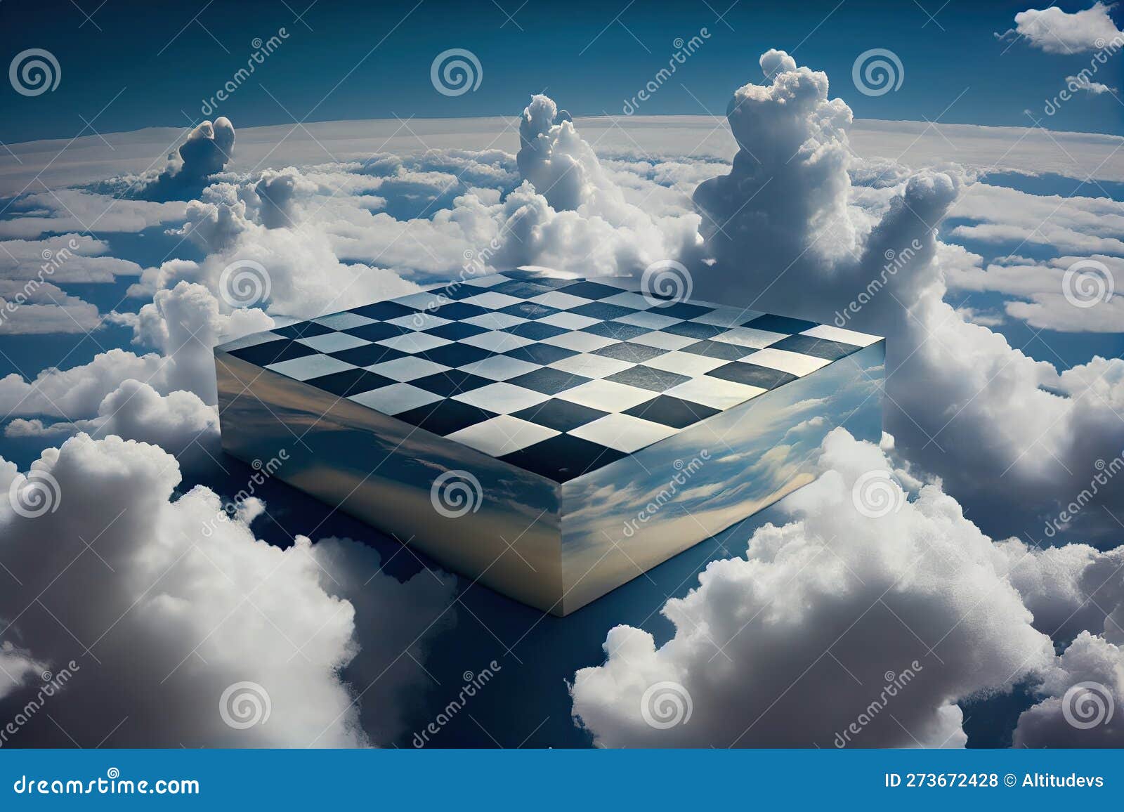 Chessboard Floating on a Cloud, with the Blue Sky and Fluffy Clouds ...
