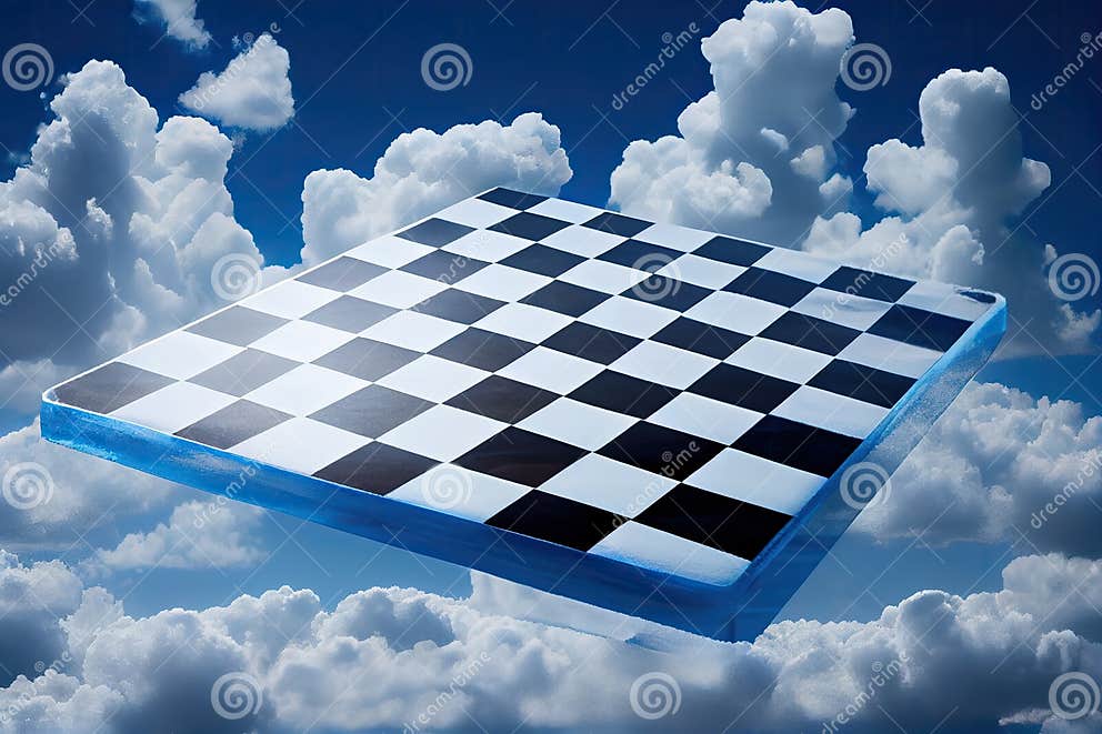Chessboard Floating on a Cloud, with the Blue Sky and Fluffy Clouds ...