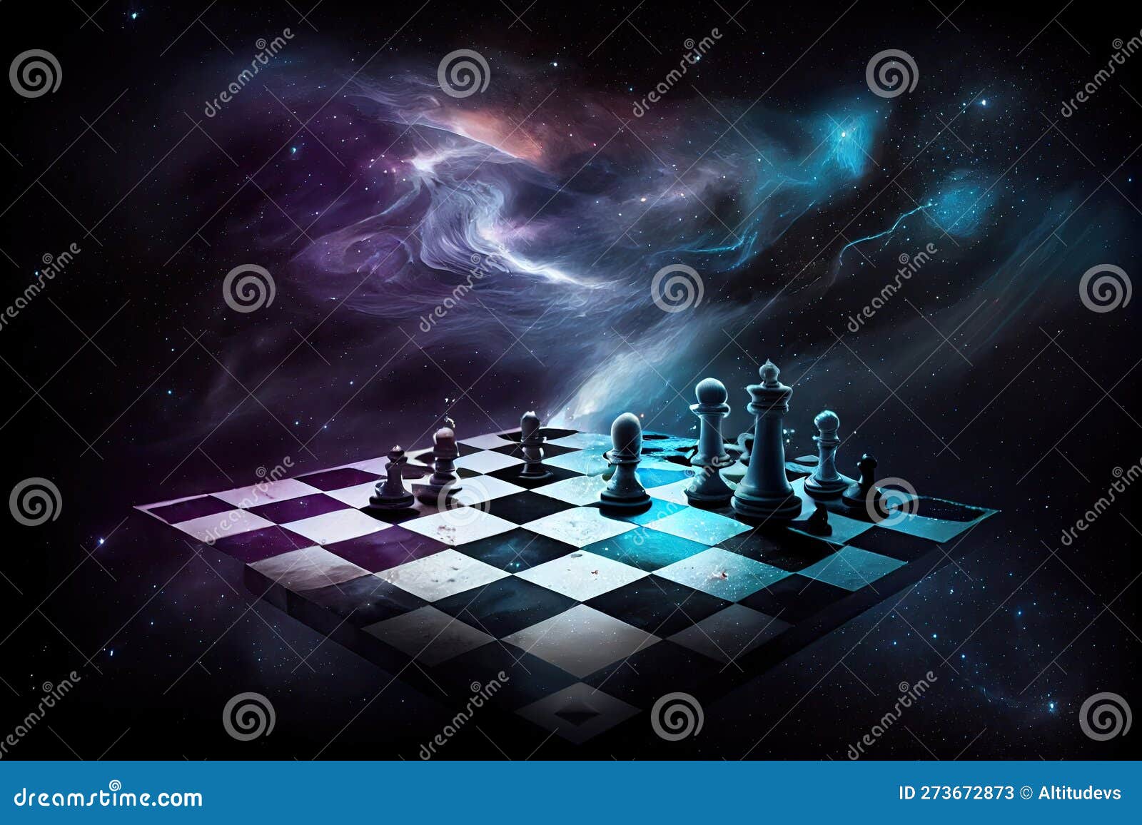 Chessboard Floating in Space, with Nebula and Stars in the Background ...
