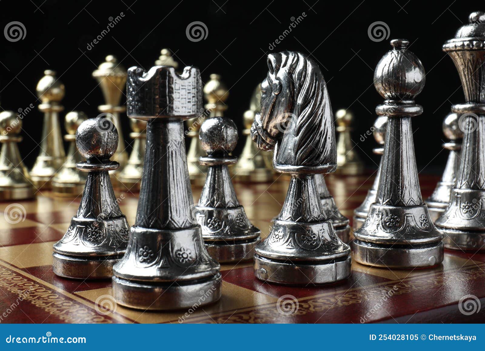 Chessboard with Game Pieces on Background, Closeup Stock Image - Image ...