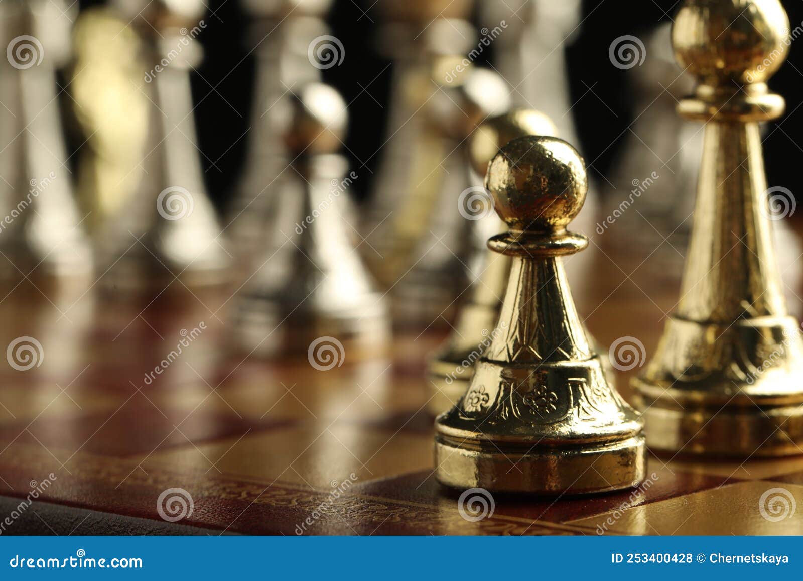 Chessboard with Game Pieces on Black Background, Closeup. Space for ...