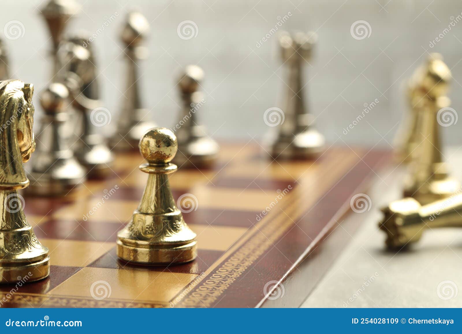 Chessboard with Game Pieces on Background, Closeup. Space for Text ...