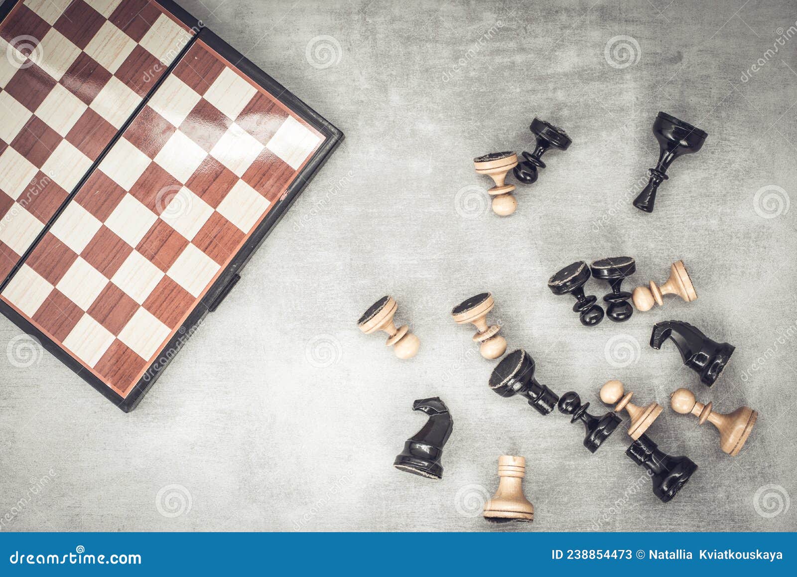 Chessboard and Scattered Chess Pieces, Top View Stock Image - Image of ...