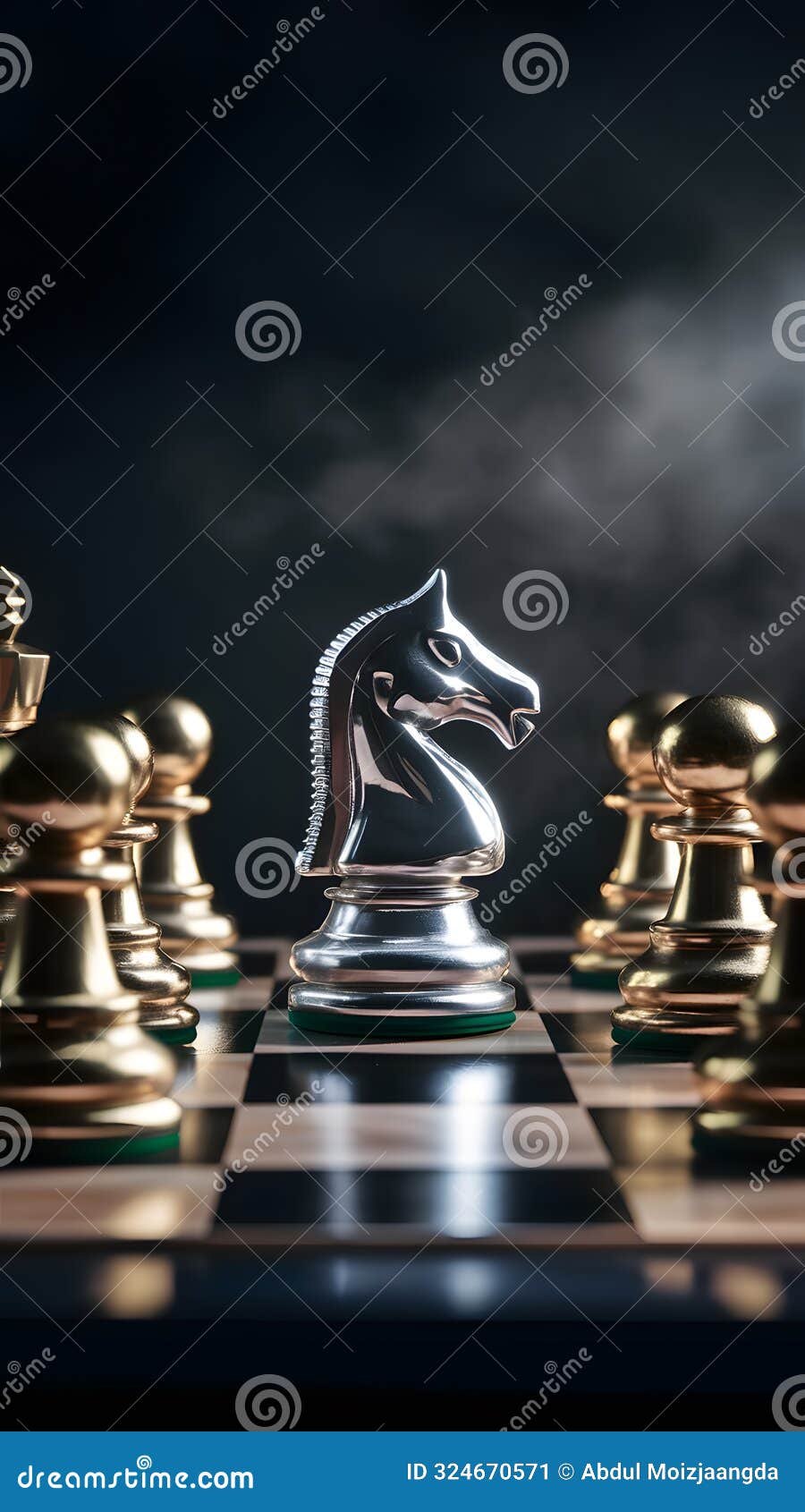 Chessboard with Silver Knight, Gold Pawns, and King, Dramatic Lighting ...