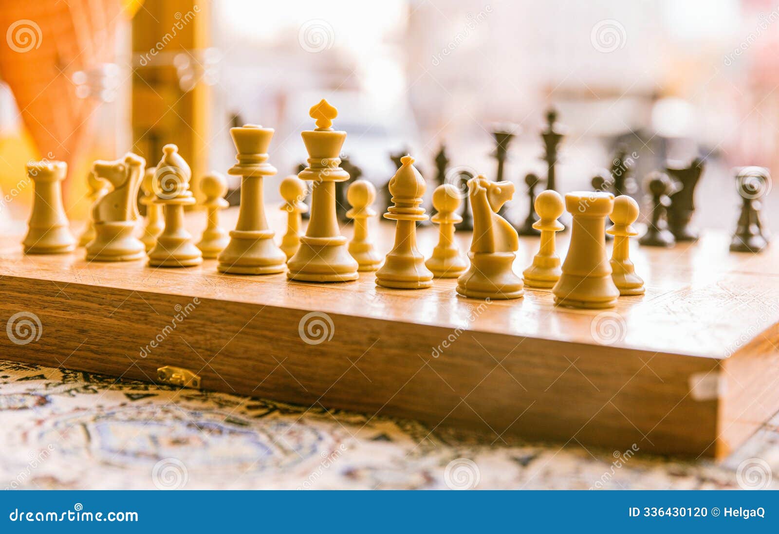 Chessboard with White Chess Pieces Set Up Ready for Play and Black ...