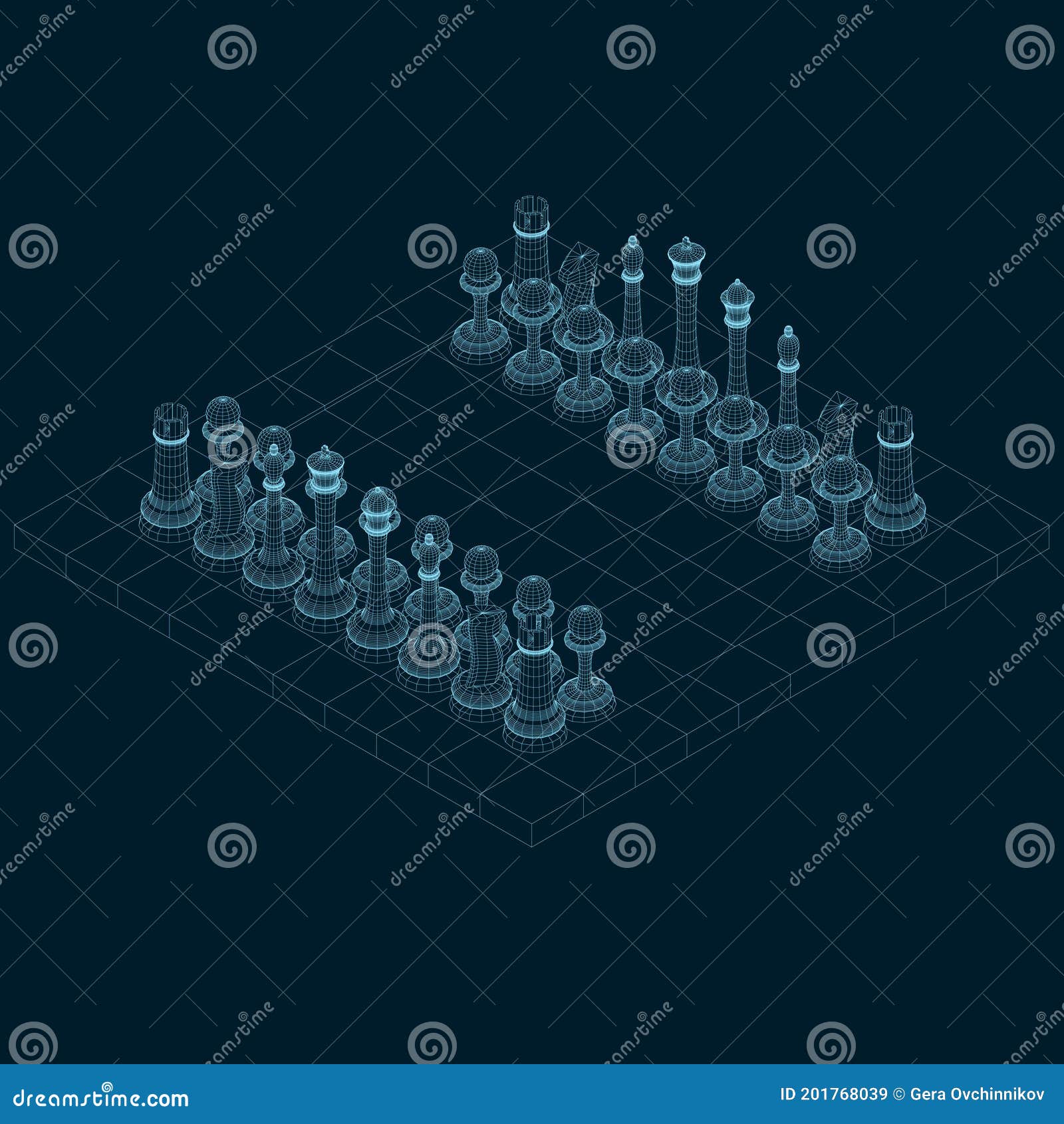 Chessboard Wireframe with Chess Pieces Made of Blue Lines on a Dark ...