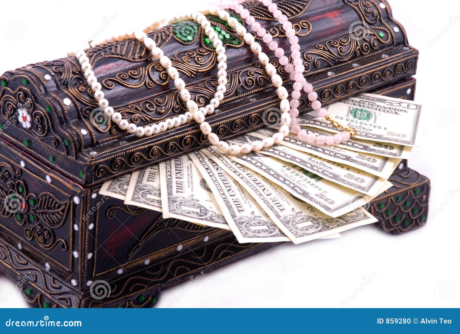 Chest Box Filled with Money and Jewellery Stock Photo - Image of pearl ...