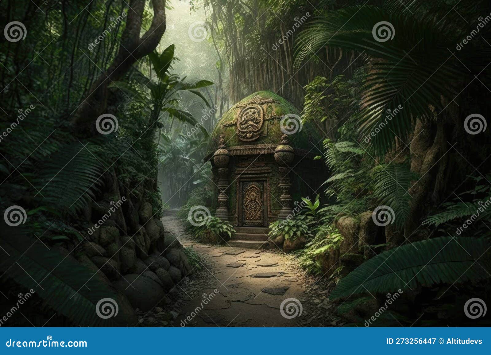 Chest in the Jungle Lies on Stone Path among Tropical Forest Stock ...