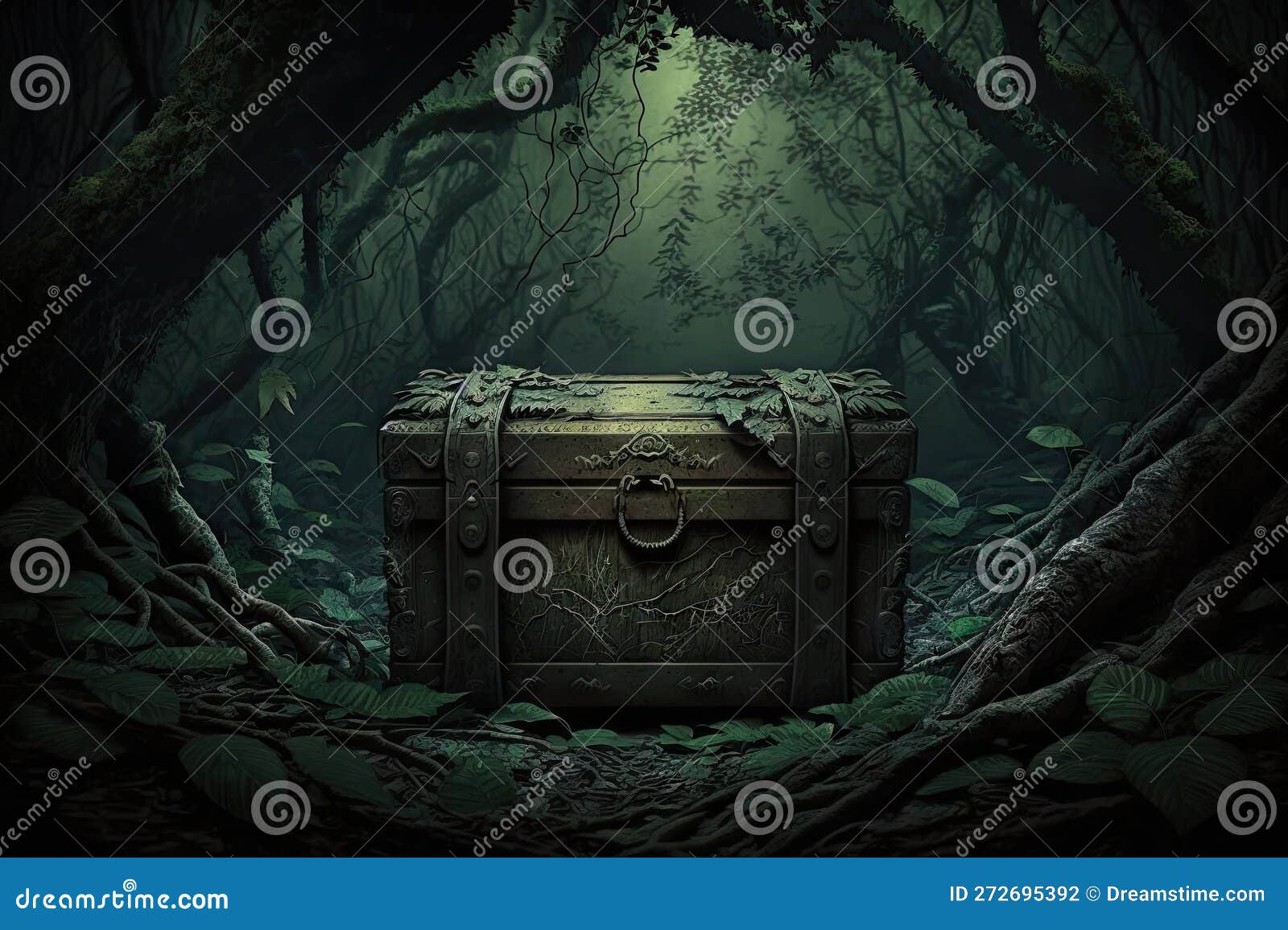 Chest Lying between Branches of Trees in Dark Jungle Stock Photo ...
