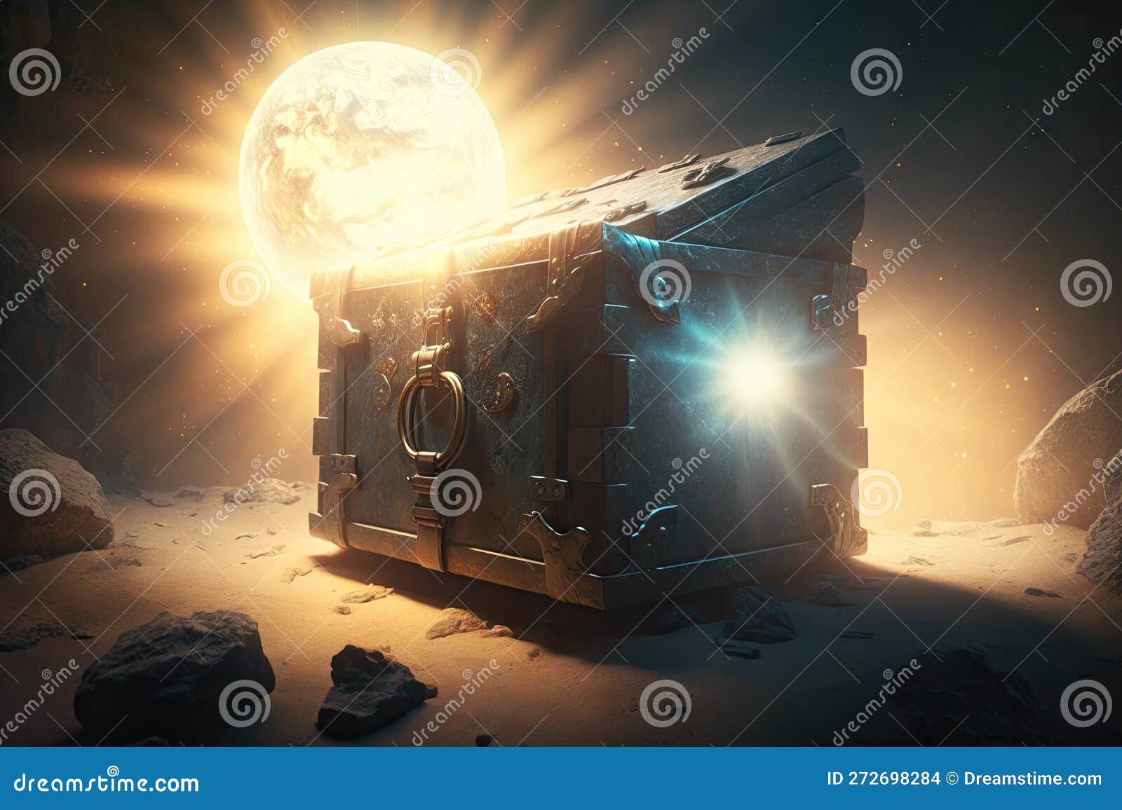 Chest on the Moon Lying in Light Rays of Sun Stock Illustration ...