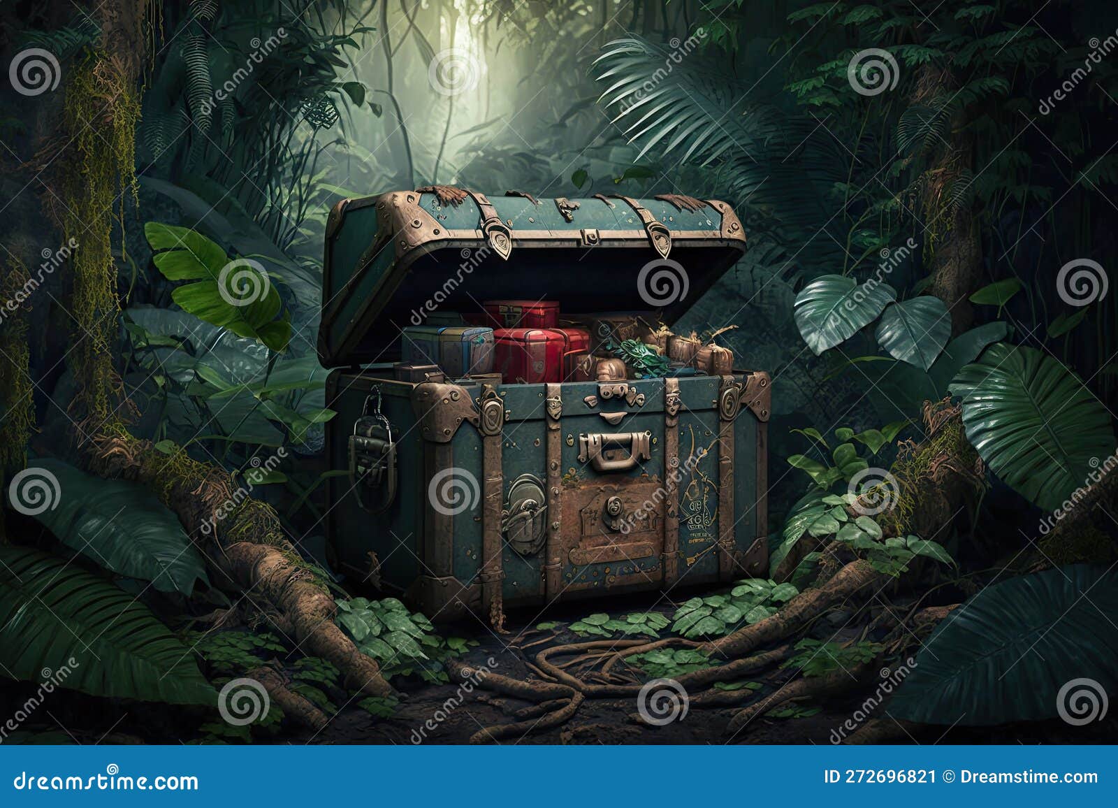 Chest with Old Stuff and Boxes in the Jungle Stock Illustration ...