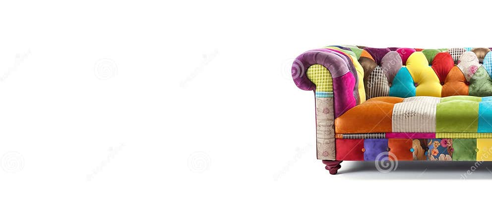 Chesterfield Sofa from Multi-colored Fabric, Patchwork, on a White ...