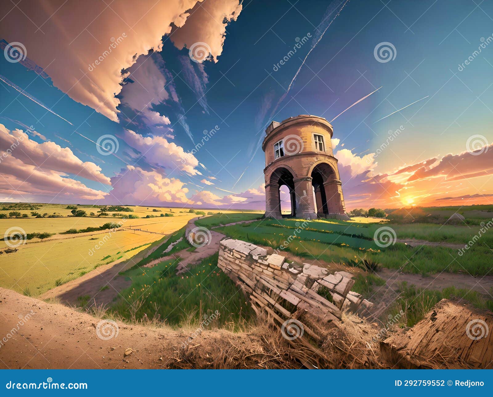 Chesterton Windmill in Comic Style with Sunset Background Stock ...
