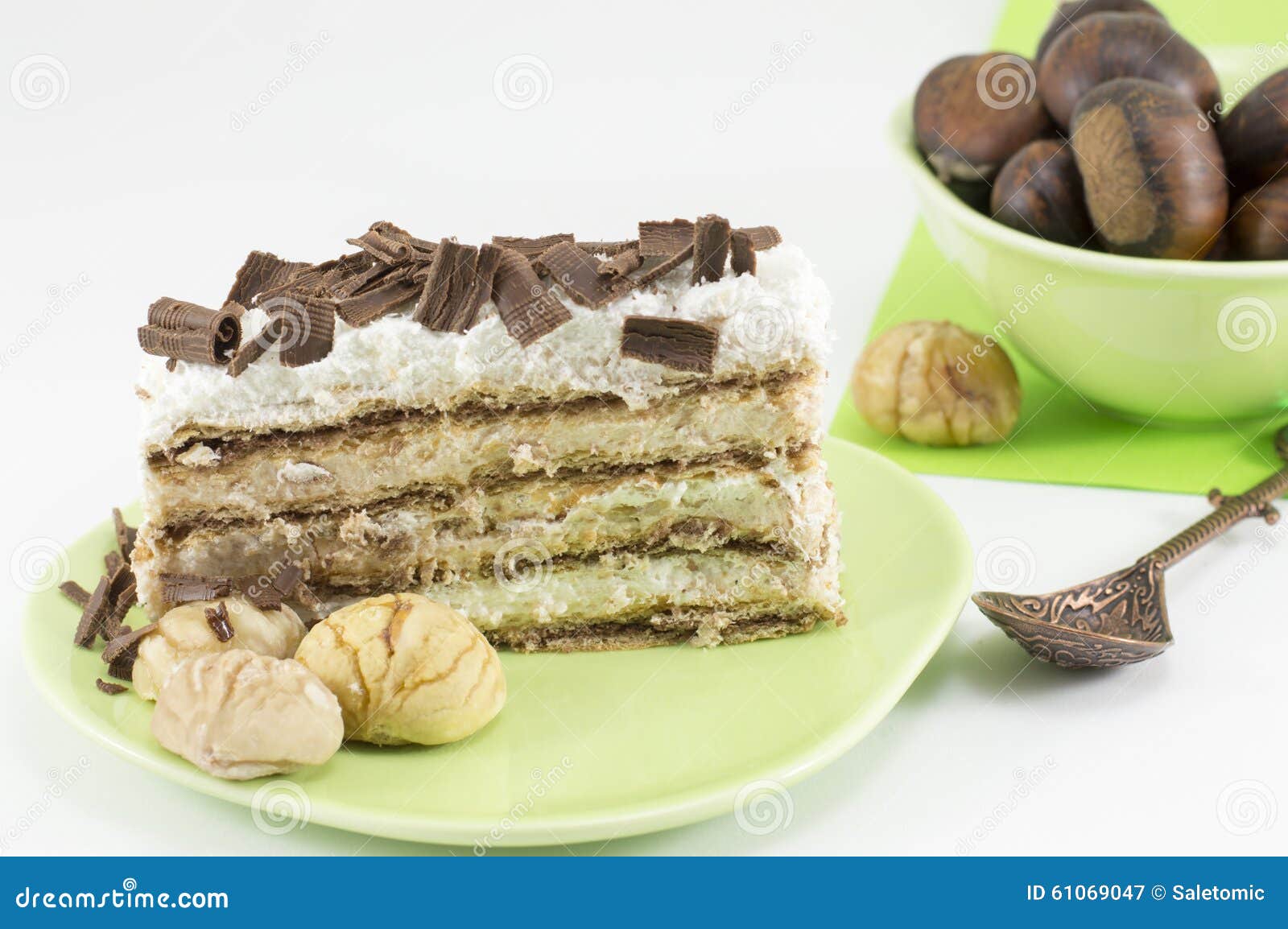 Chestnut Cake Slice on a Green Plate Stock Image - Image of nuts ...