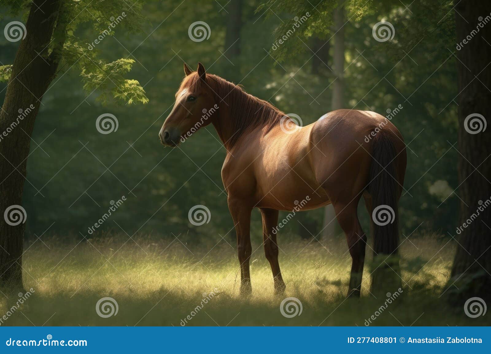 A Chestnut Horse Standing in Front of a Green Pasture with Trees in the ...