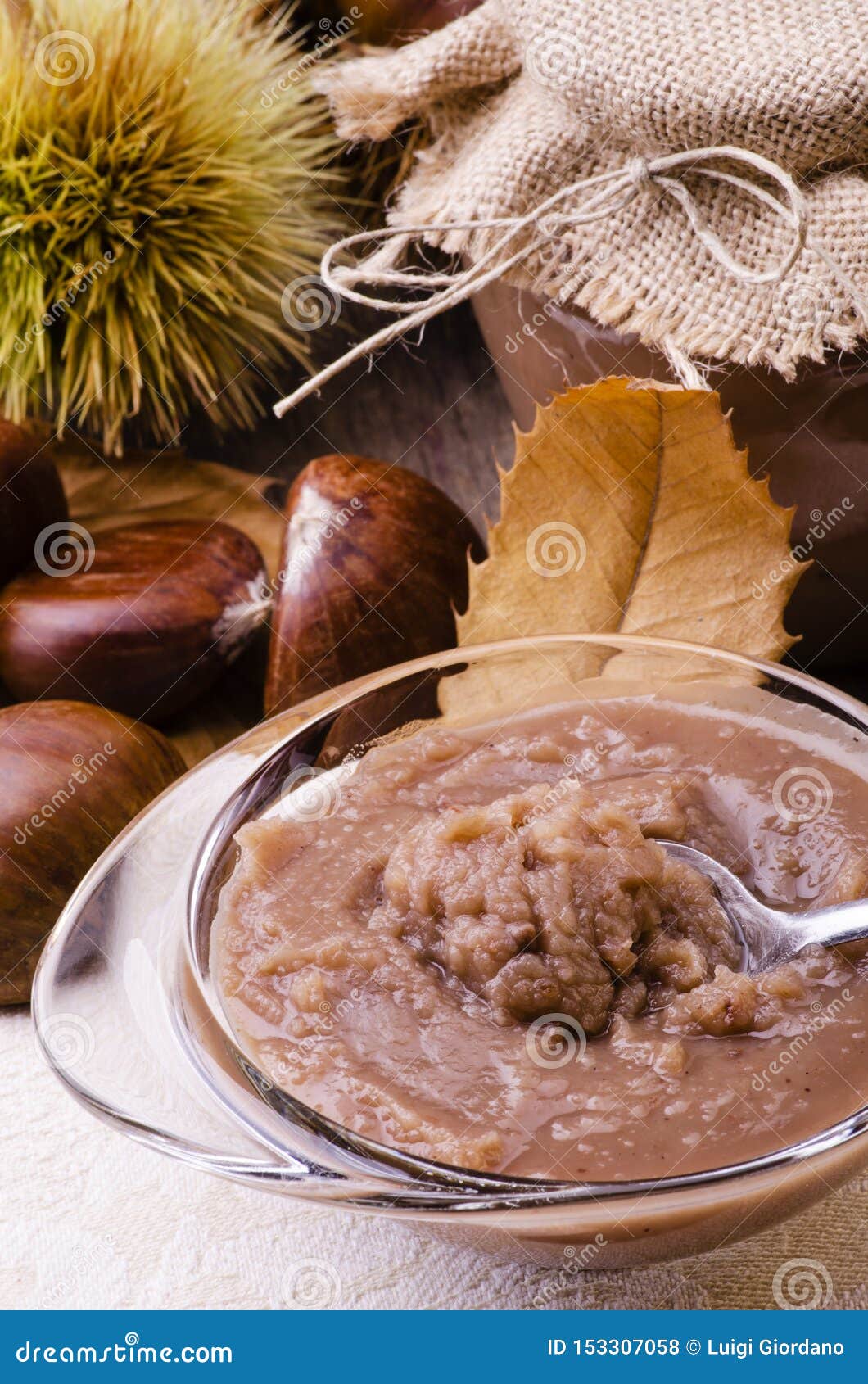 Chestnut jam in glass jar stock photo. Image of food - 153307058