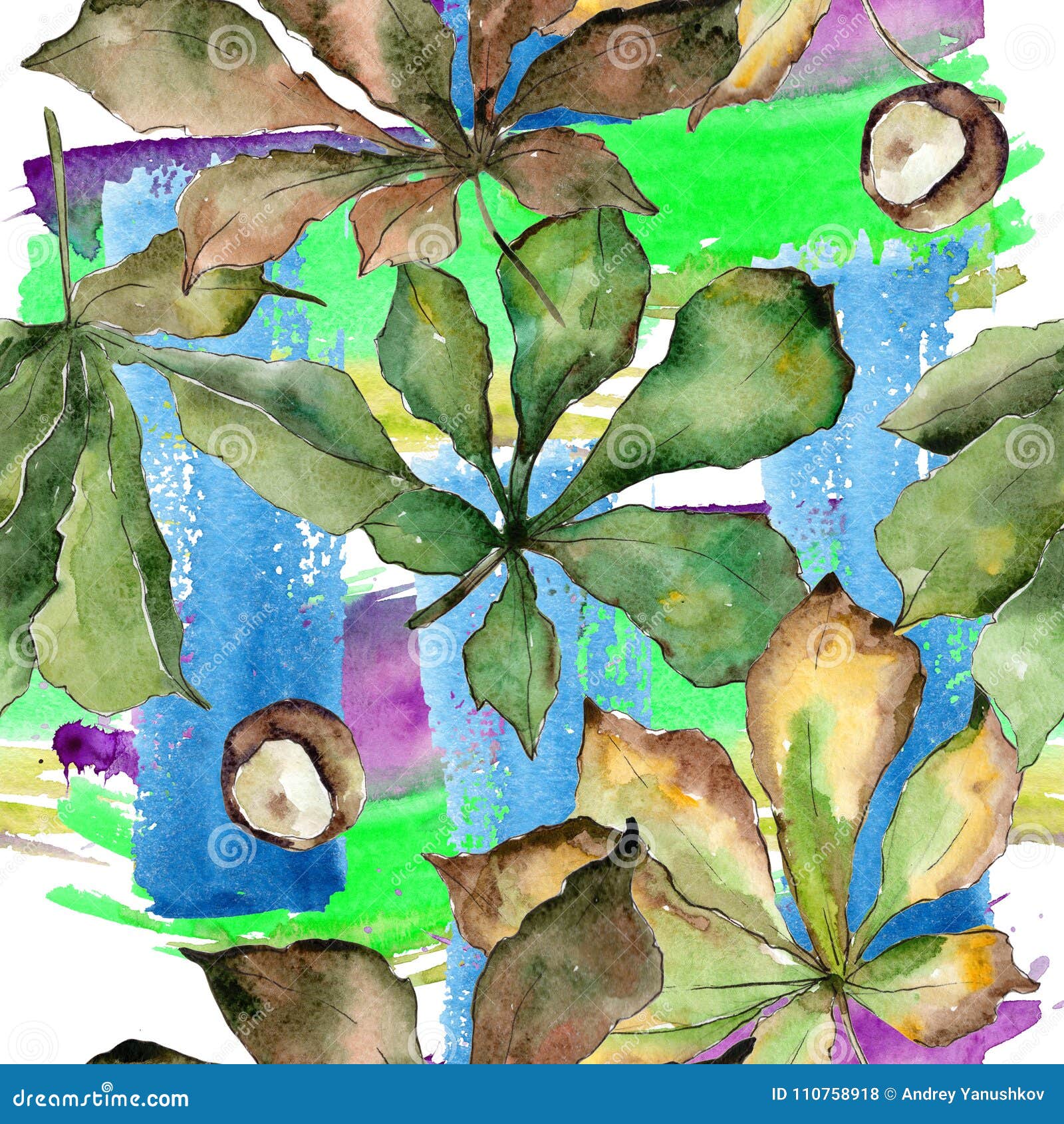 Chestnut Leaves Pattern in a Watercolor Style. Stock Illustration ...