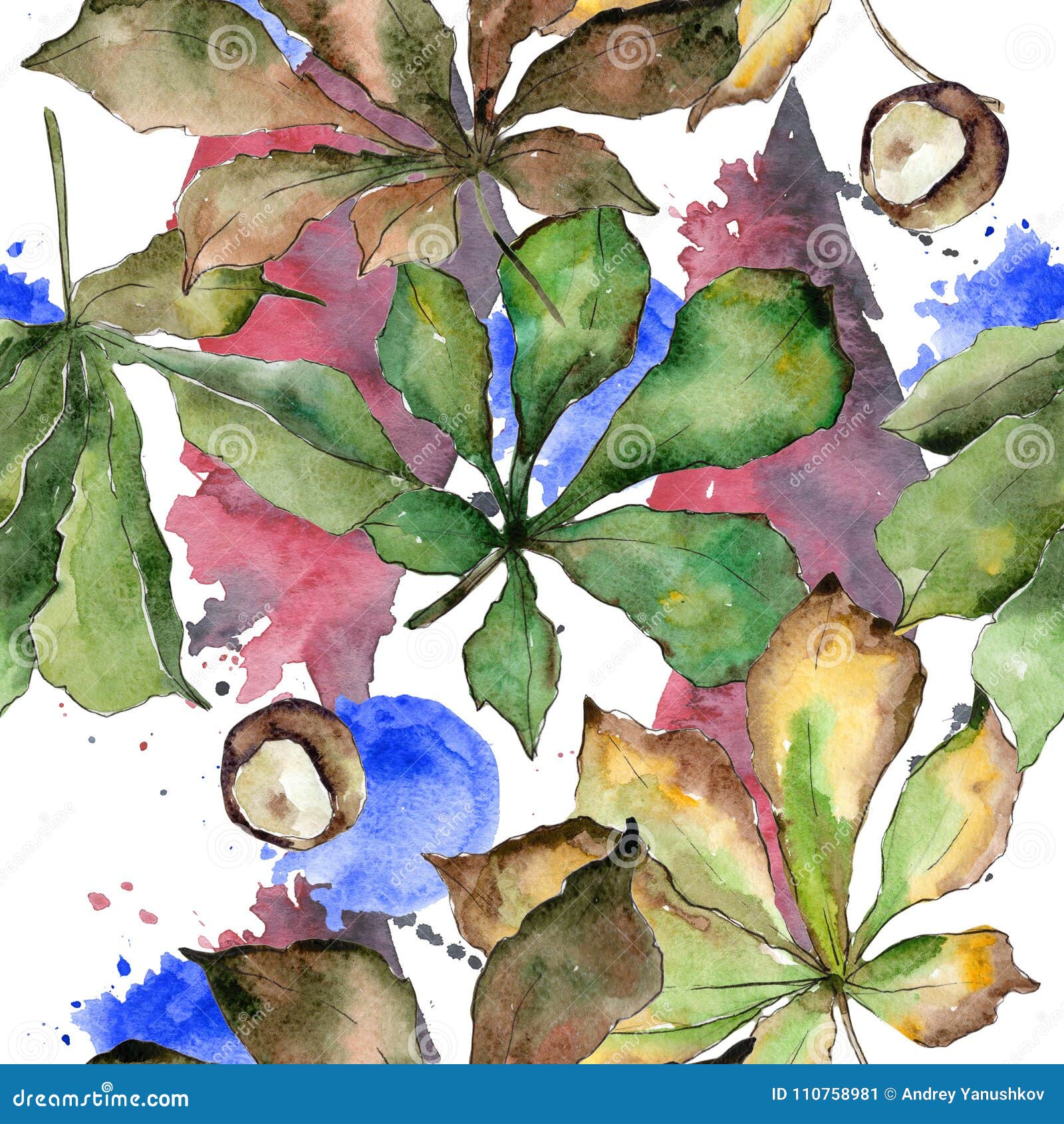 Chestnut Leaves Pattern in a Watercolor Style. Stock Illustration ...
