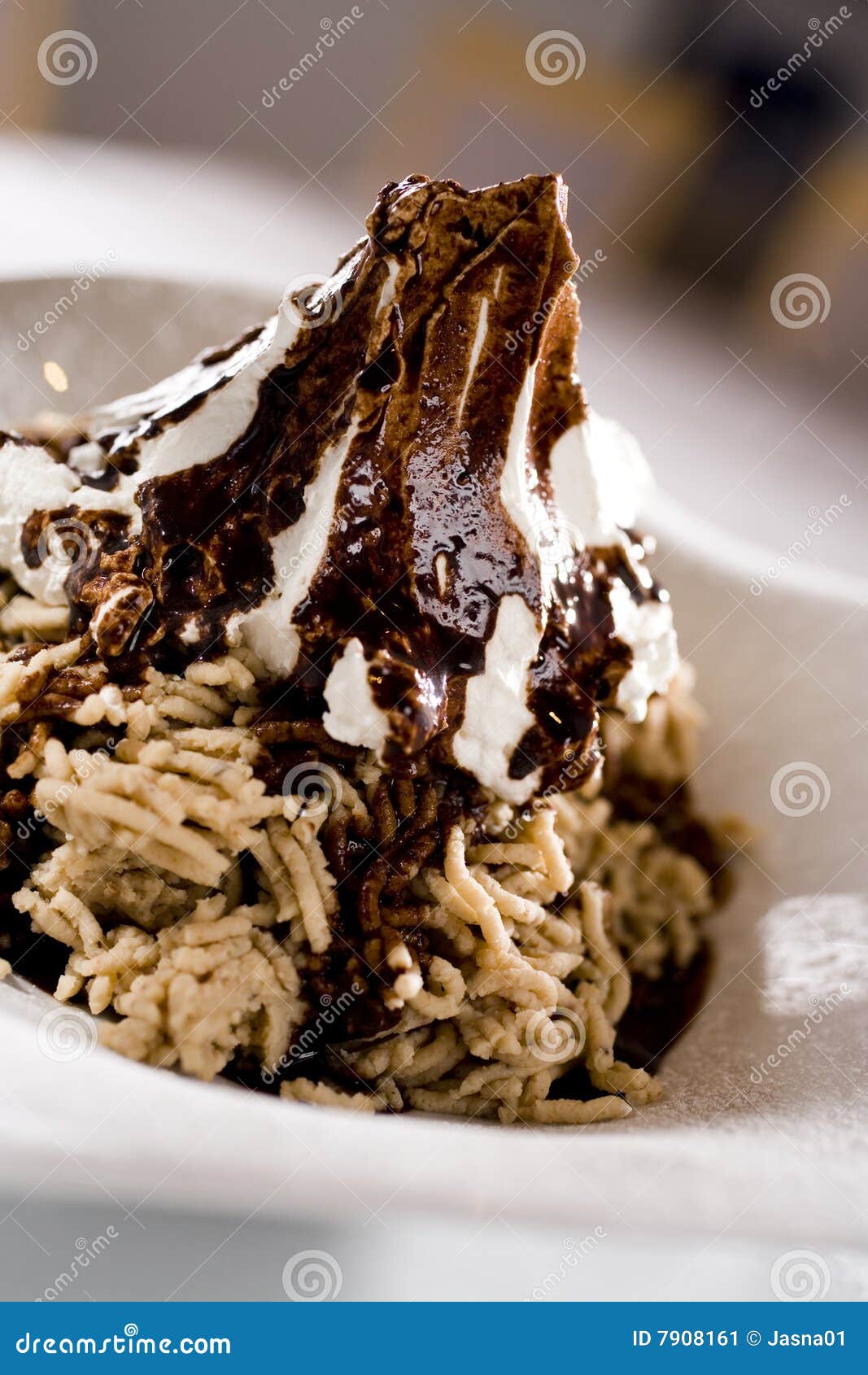 Chestnut Puree with Cream and Chocolate Sauce Stock Image - Image of ...