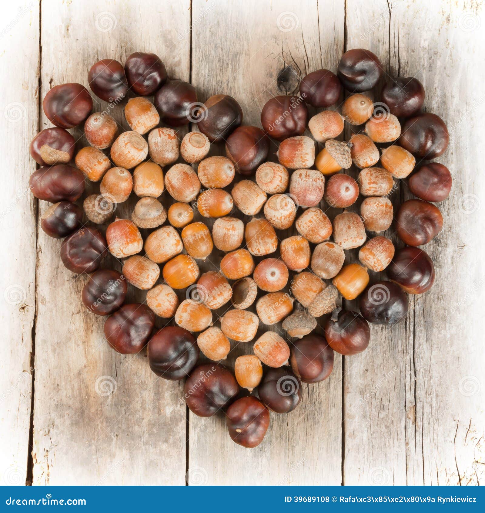 Chestnuts and Acorns Forming, a Heart on a Wooden Background Stock ...