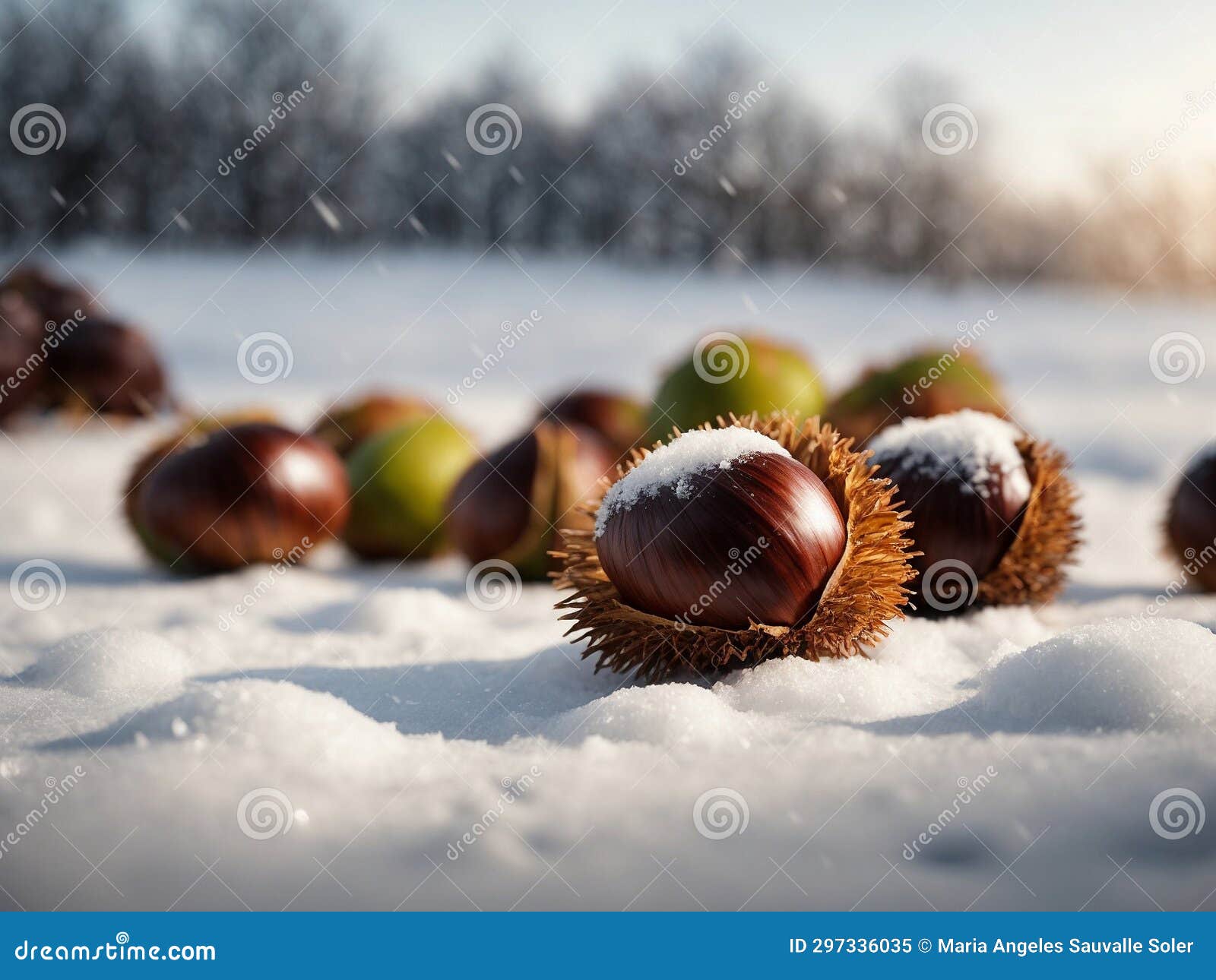 Chestnuts in the Snow Fallen from the Tree. Stock Illustration ...