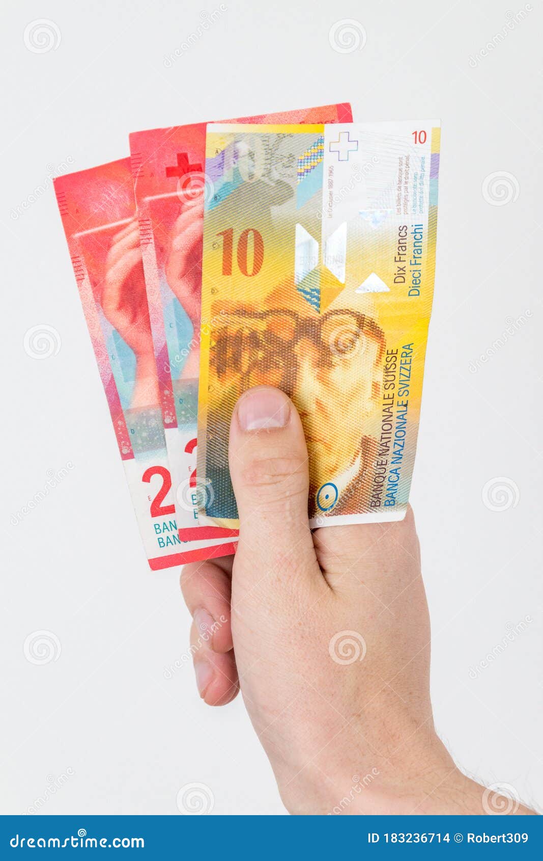 10 and 20 CHF Swiss Franc Banknotes in Hand Stock Photo - Image of male ...
