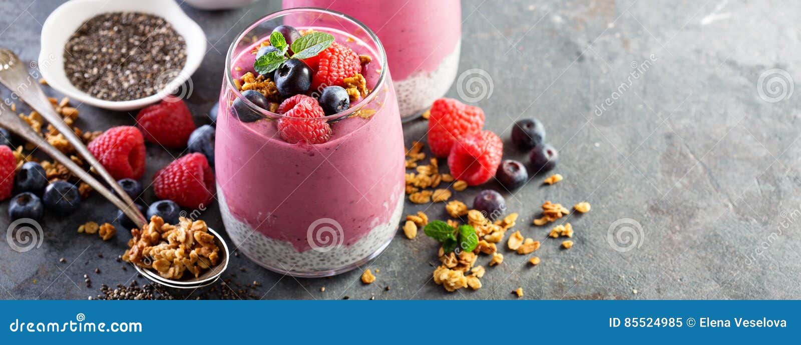 Chia Pudding Parfait with Berry Smoothie Stock Image - Image of milk ...