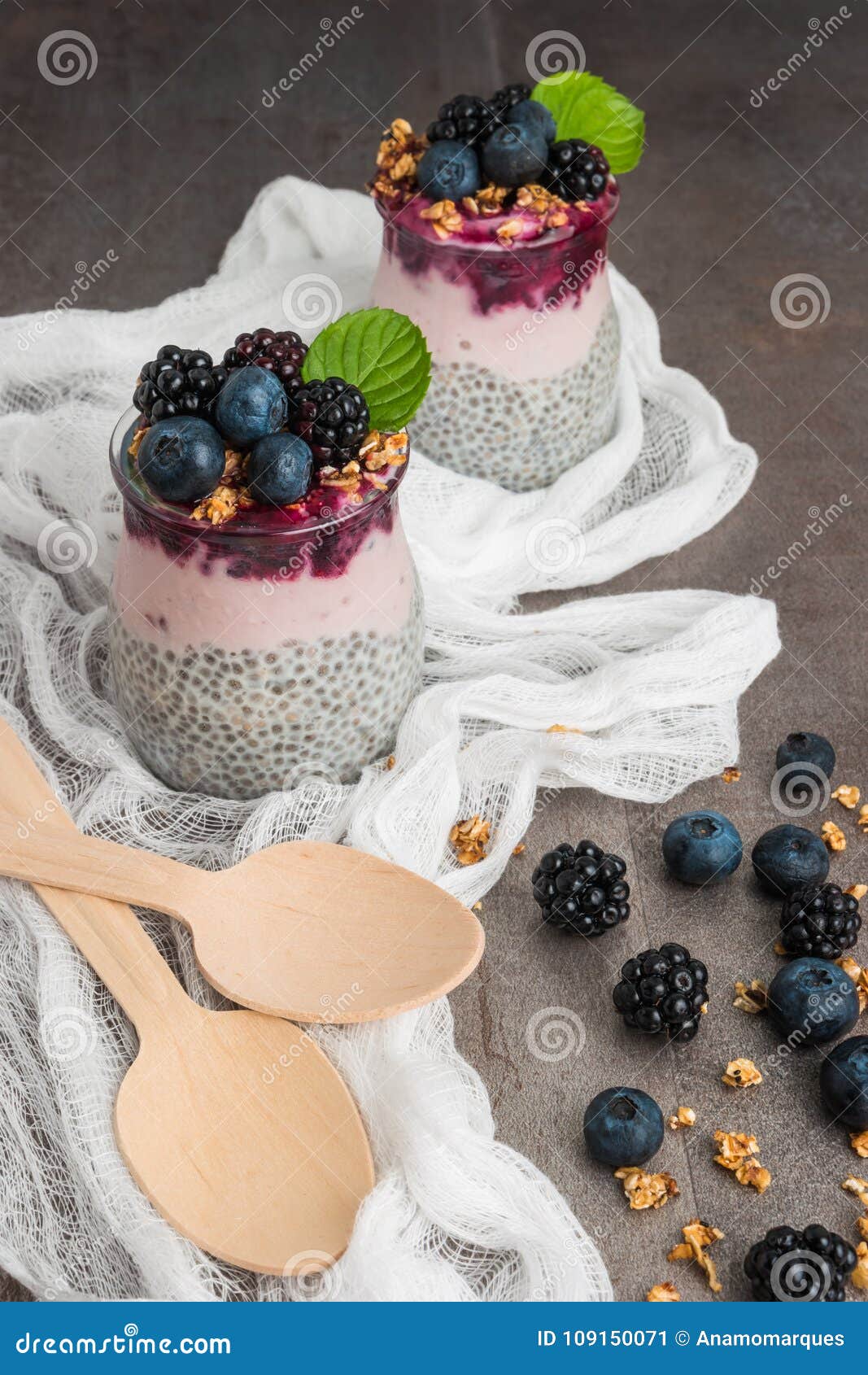 Chia Pudding Parfait with Blackberries and Blueberry Smoothie an Stock ...