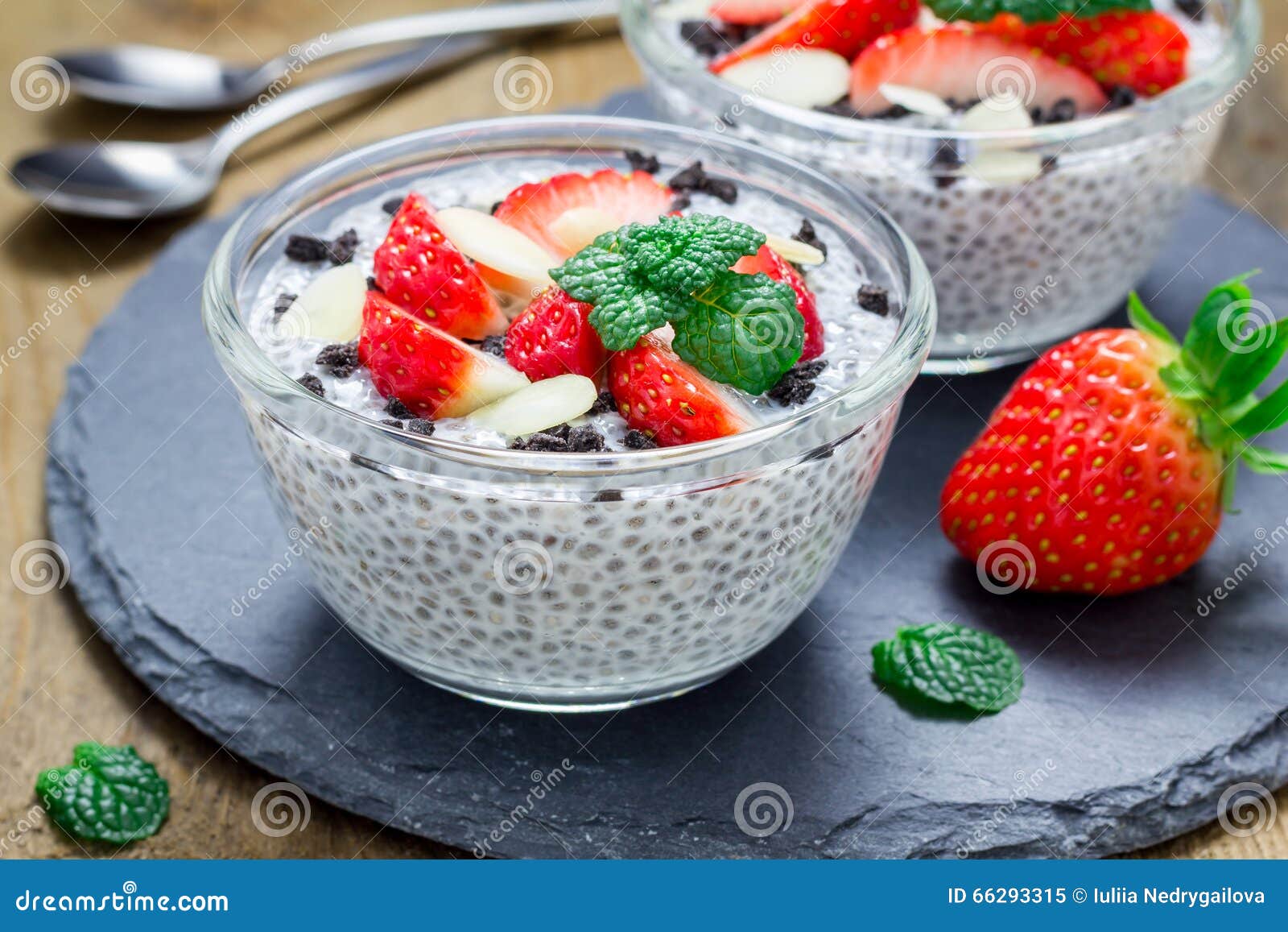 Chia Seed Pudding with Strawberries, Almond, Chocolate Cookie Crumbs ...