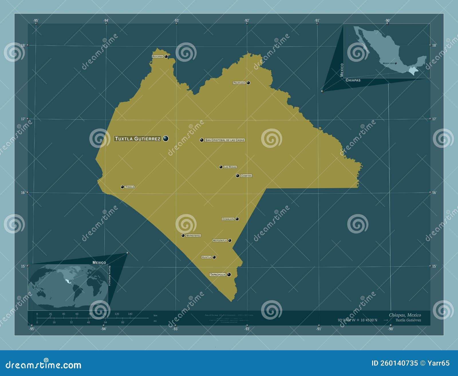 Chiapas, Mexico. Solid. Labelled Points of Cities Stock Illustration ...