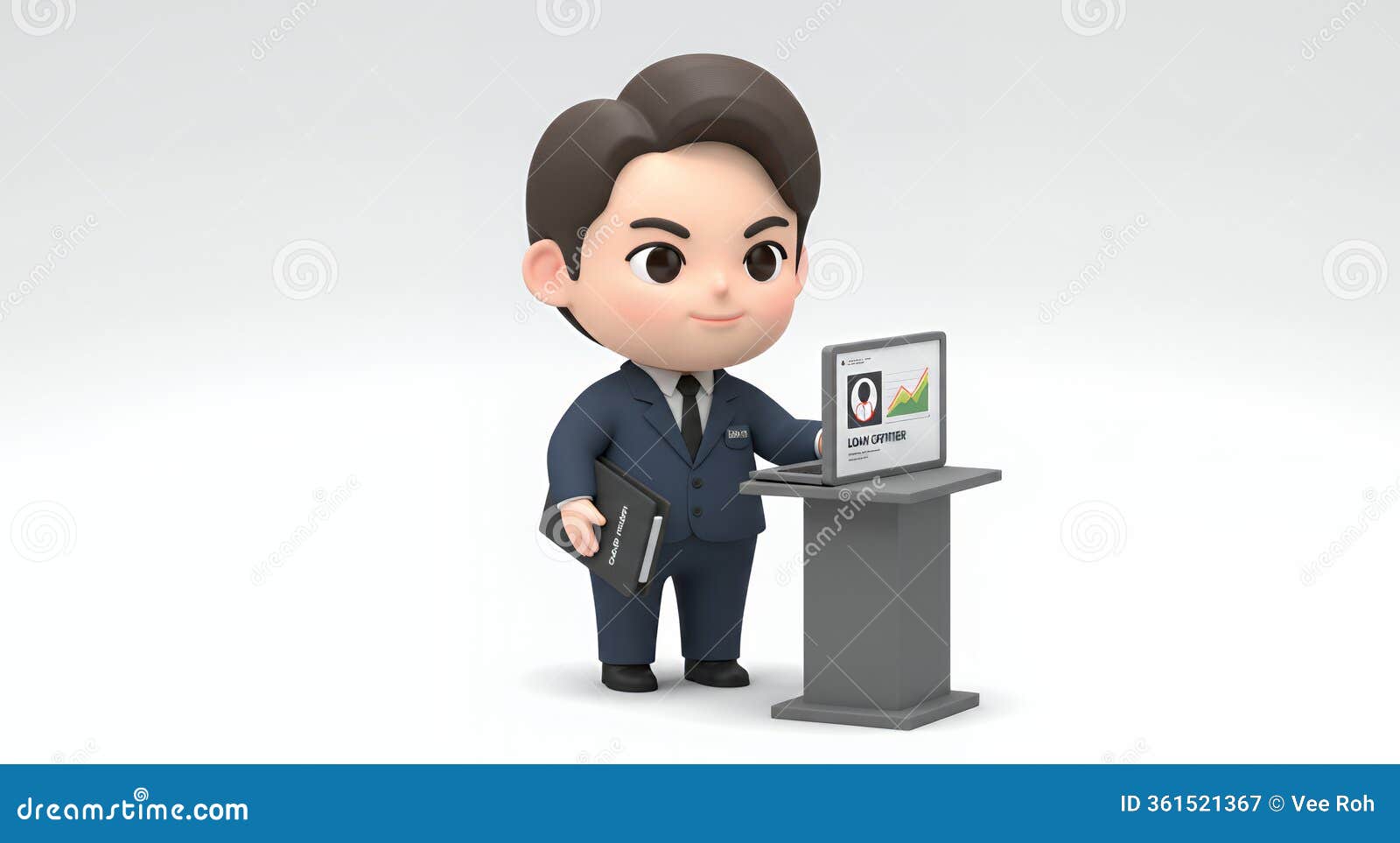 Chibi Businessman Presenting Data on Laptop, 3D Rendered Illustration ...