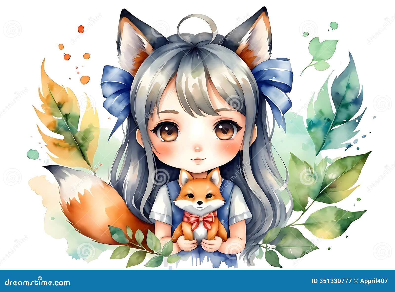 Chibi Character Holding Fox Toy with Watercolor Leaf Patterns by AI ...