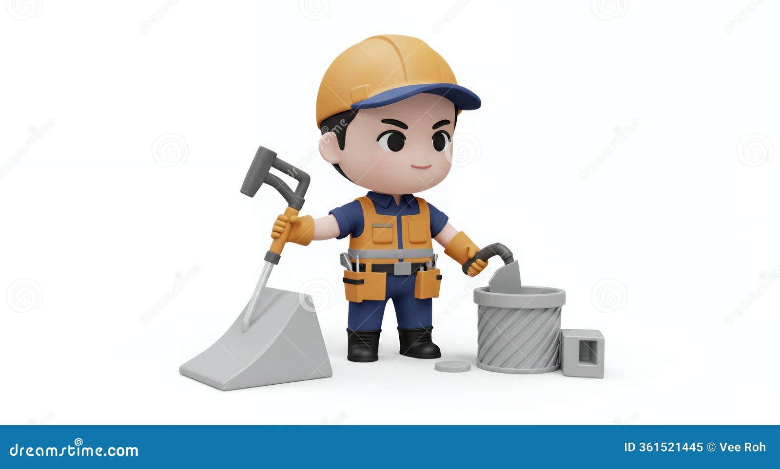 Chibi Concrete Finisher 3D Render: Cute Cartoon Worker with Tools ...