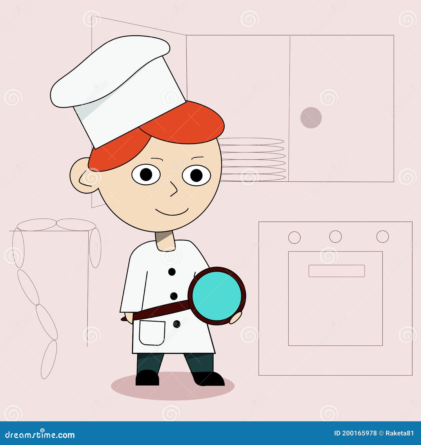 Chibi Cook in White Hat and Frying Pan in Hand in Kitchen, Man Cooking ...