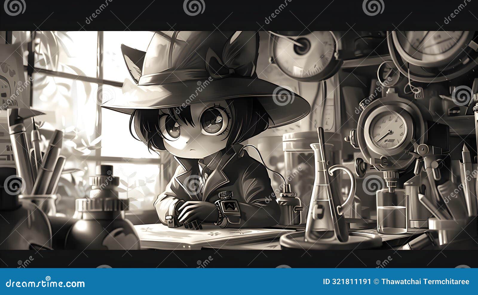 Chibi Detective Exploring Lab Diversity through Charcoal Sketch Stock ...