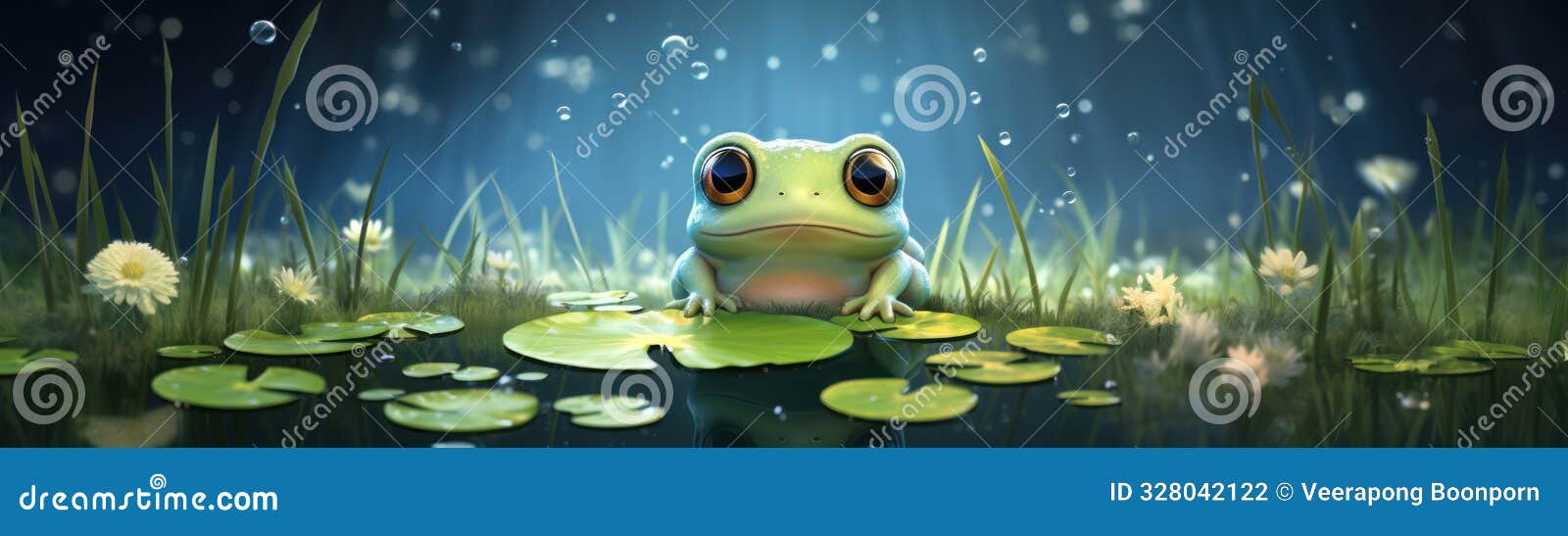 Chibi Frog On A Lily Pad Sparkling Water Drops Stock Photo ...