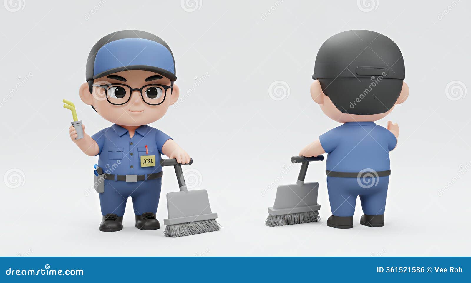 Chibi Korean Cleaner 3D Model: Front and Back Views, Blue Uniform, Mop ...