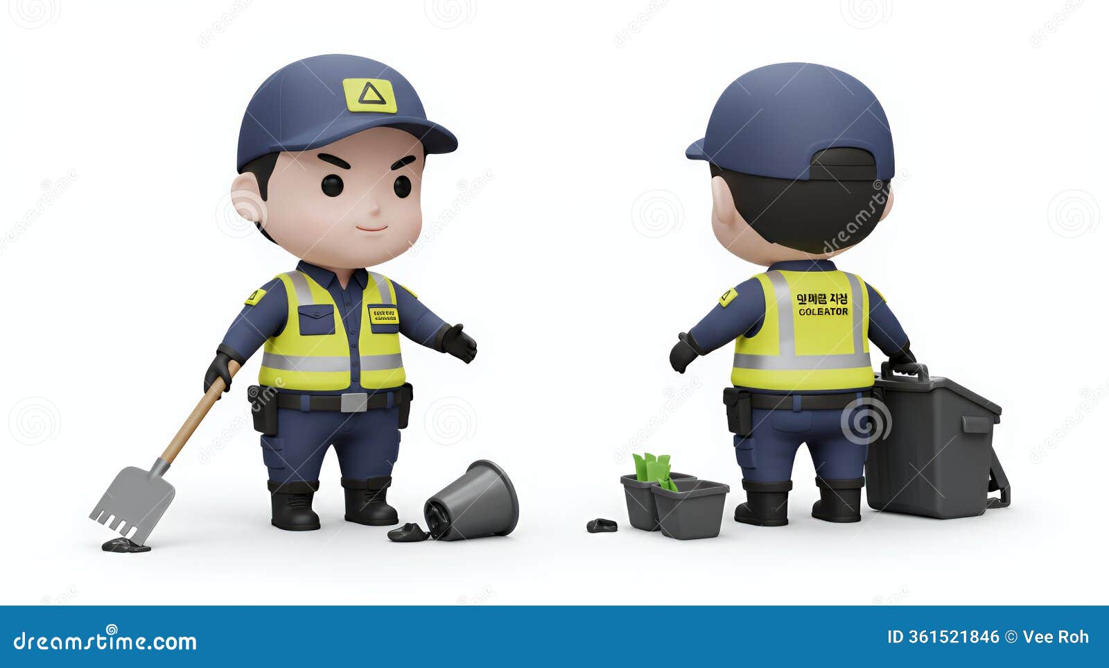Chibi Korean Garbage Collector 3D Render Isolated on White Background ...
