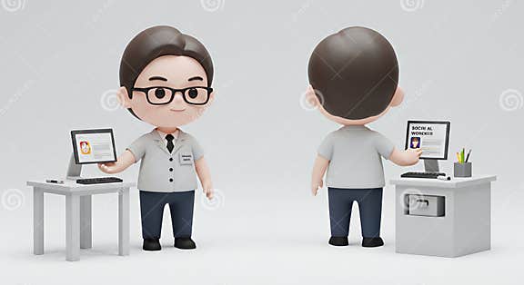 Chibi Korean Social Worker 3D Render: Low-Poly Character with Computer ...