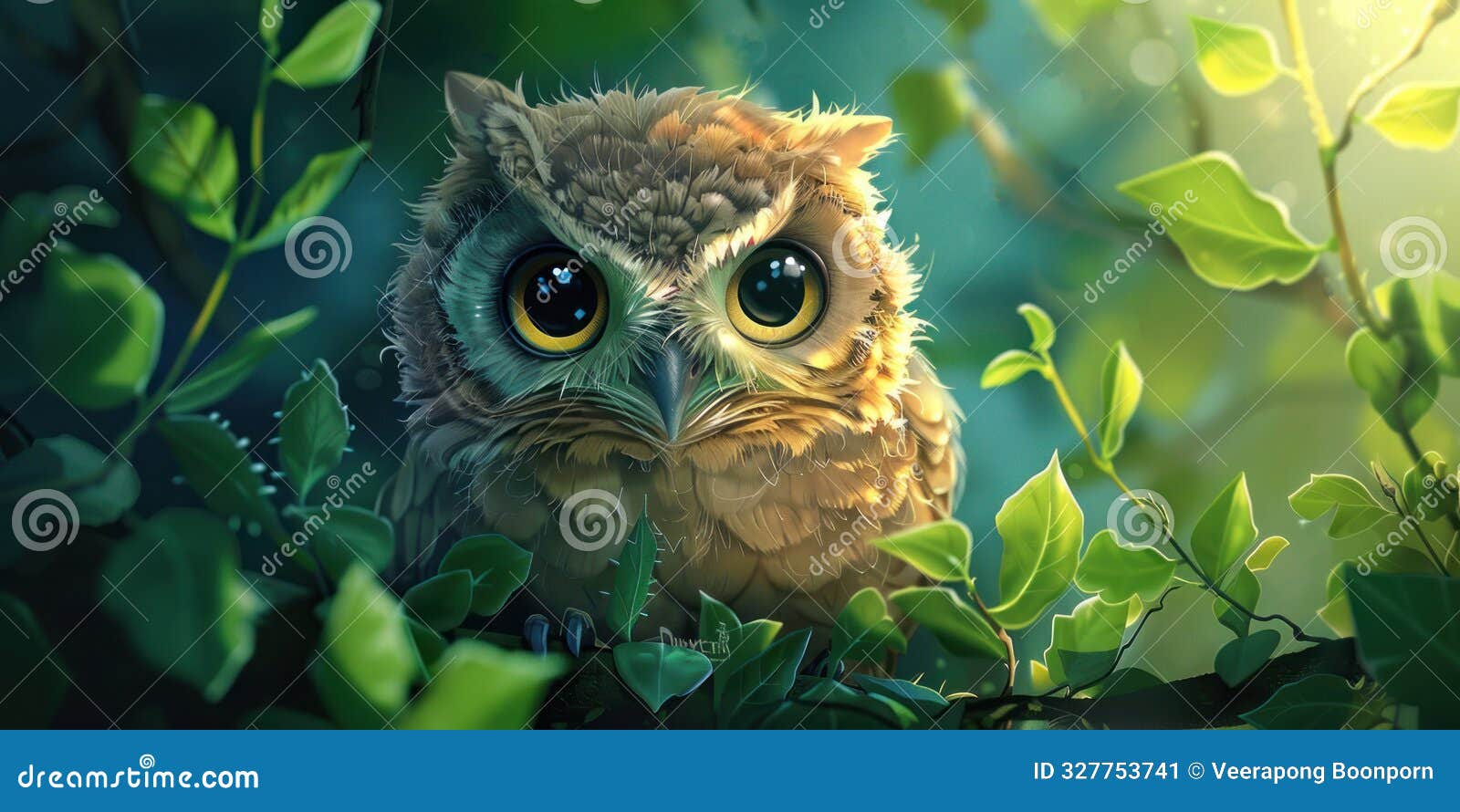 A Chibi Owl Peeks Out from Behind Leaves, Curious Eyes Gleaming, Hidden ...