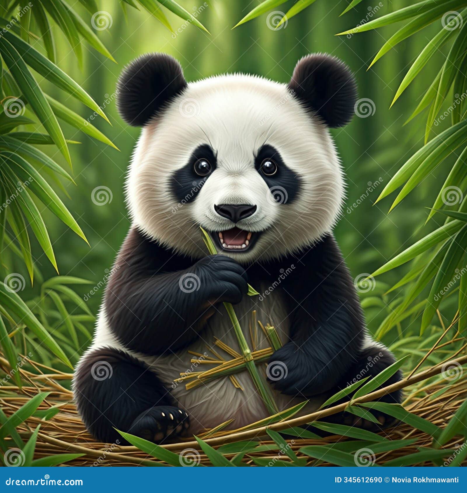 Chibi Panda Enjoying a Bamboo Snack Stock Illustration - Illustration ...