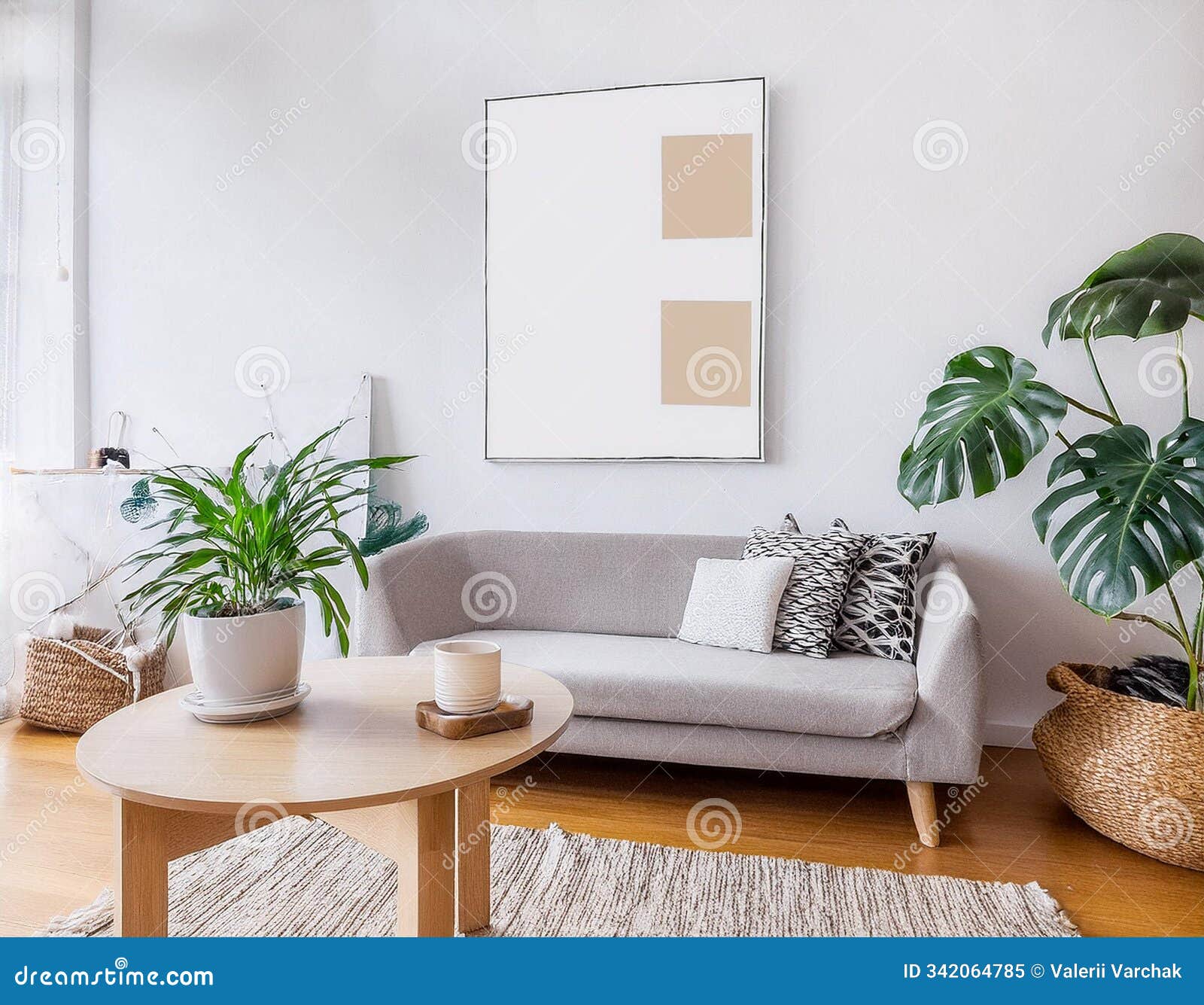 Chic Boho Open Space Interiors in Cozy Apartment with Gray Sofa and ...