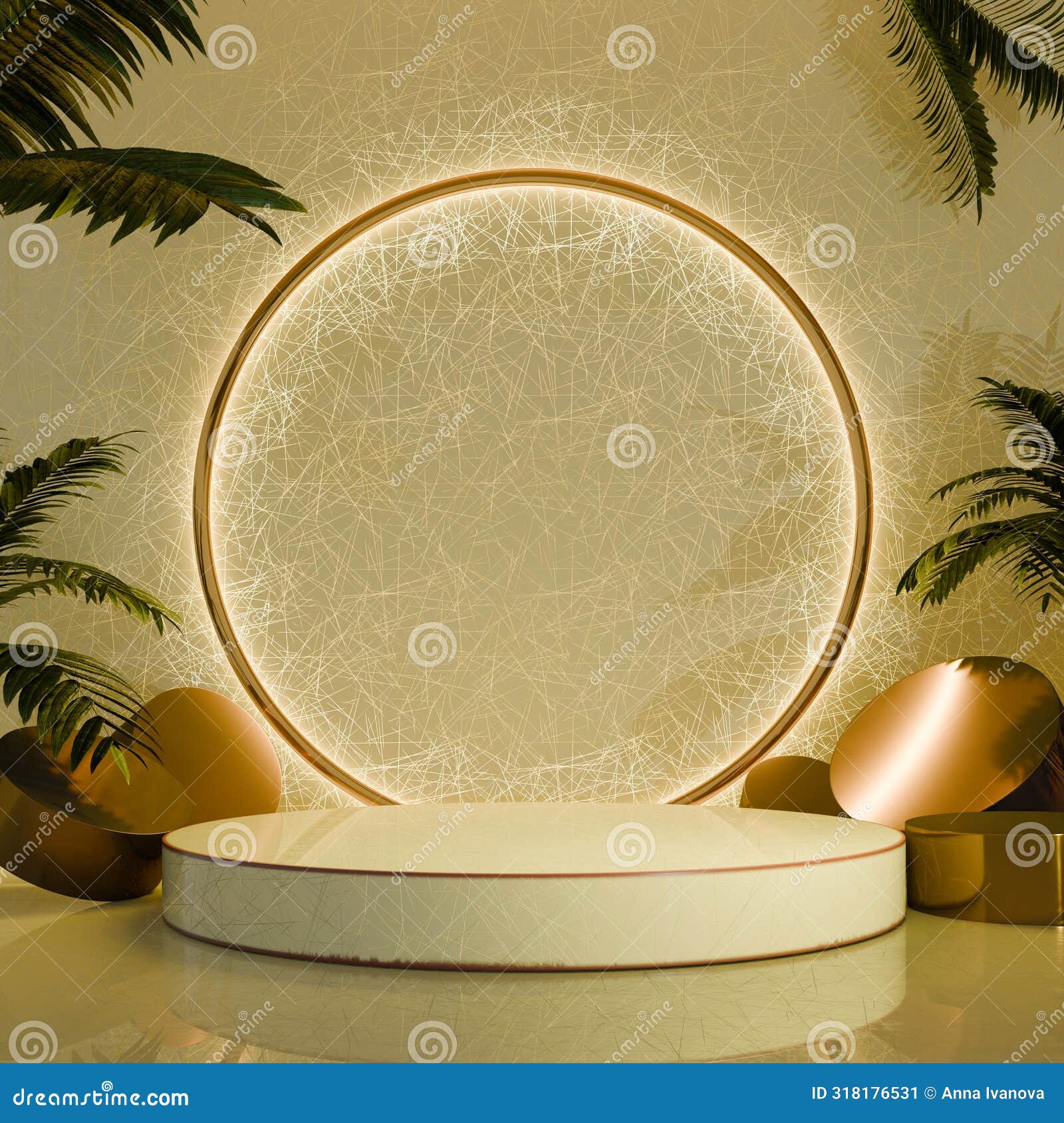 Chic Display Stage with a Lit Circular Structure and Tropical Leaves ...