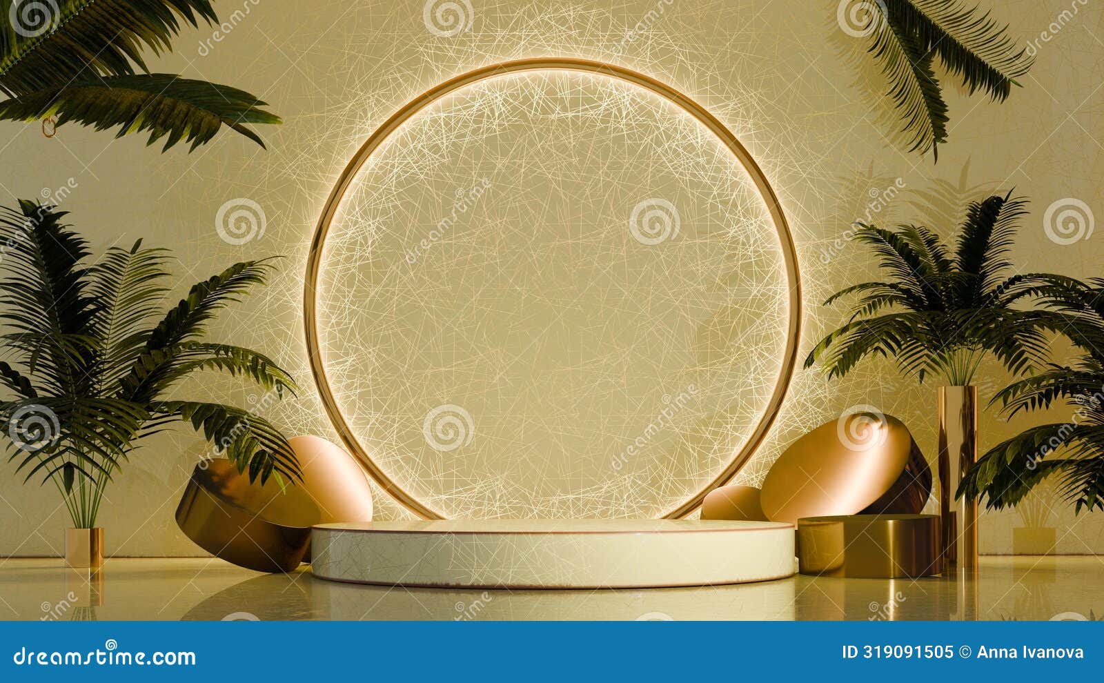 Chic Display Stage with a Lit Circular Structure and Tropical Leaves ...