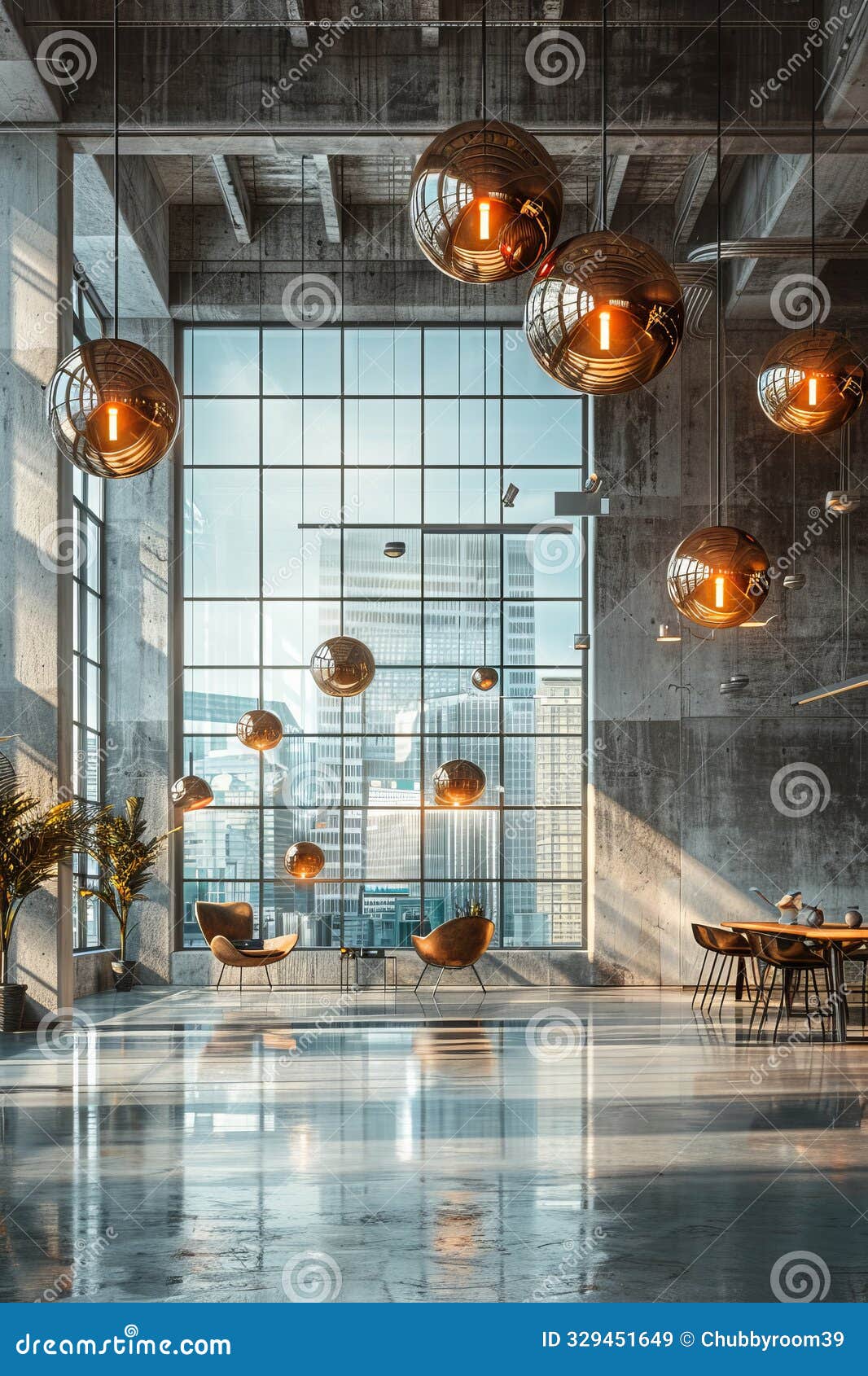 Chic, Empty Showroom with Metallic Accents and Large Windows Stock ...