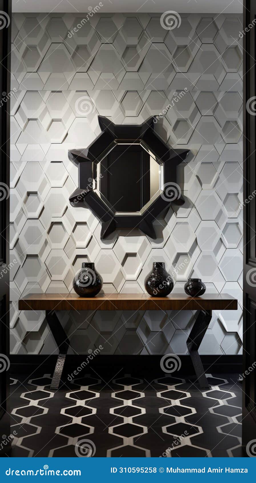 A Chic Foyer with a 3D Hexagonal Wall Pattern in Monochrome Stock ...