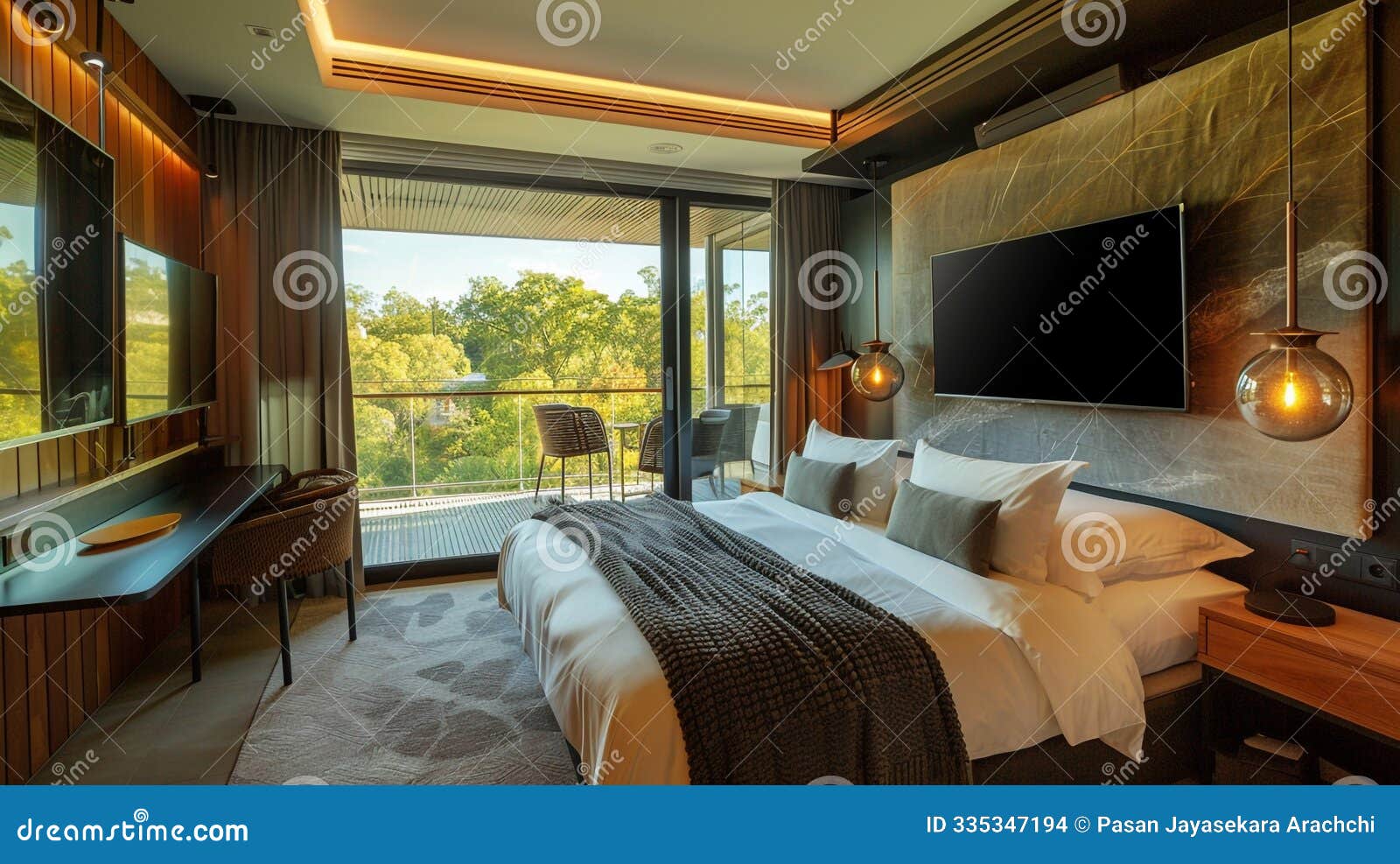 Chic Hotel Room Features Modern Design with City View Stock ...