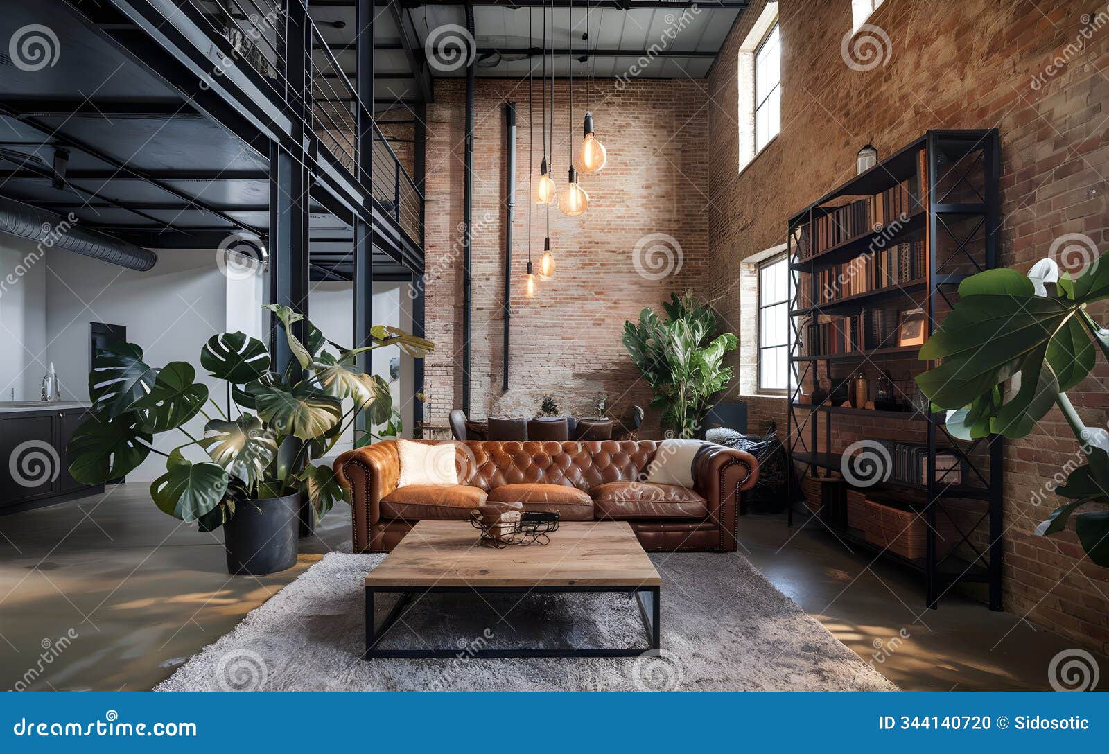 Chic Industrial-style Living Room With A Sectional Sofa, Pendant Light ...