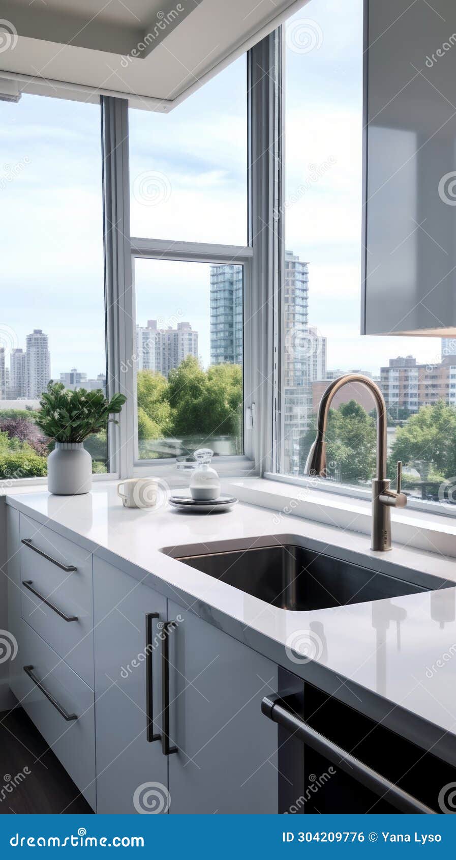 Chic Kitchen Interior Featuring a Cityscape through Big Windows ...
