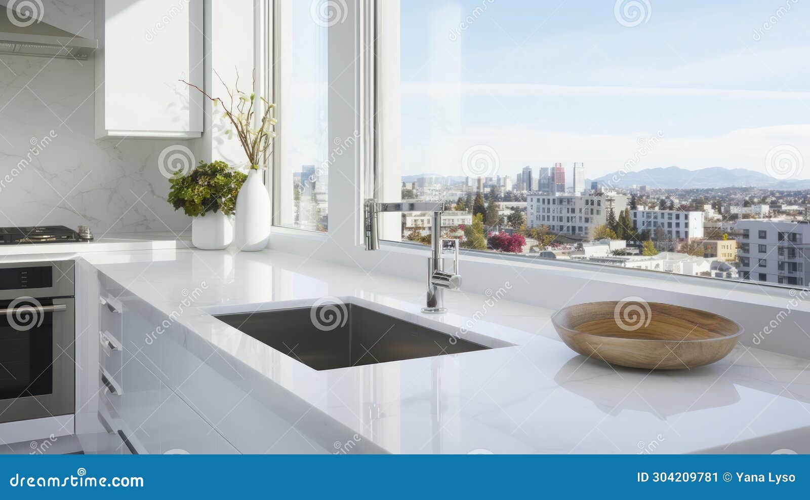 Chic Kitchen Interior Featuring a Cityscape through Big Windows ...